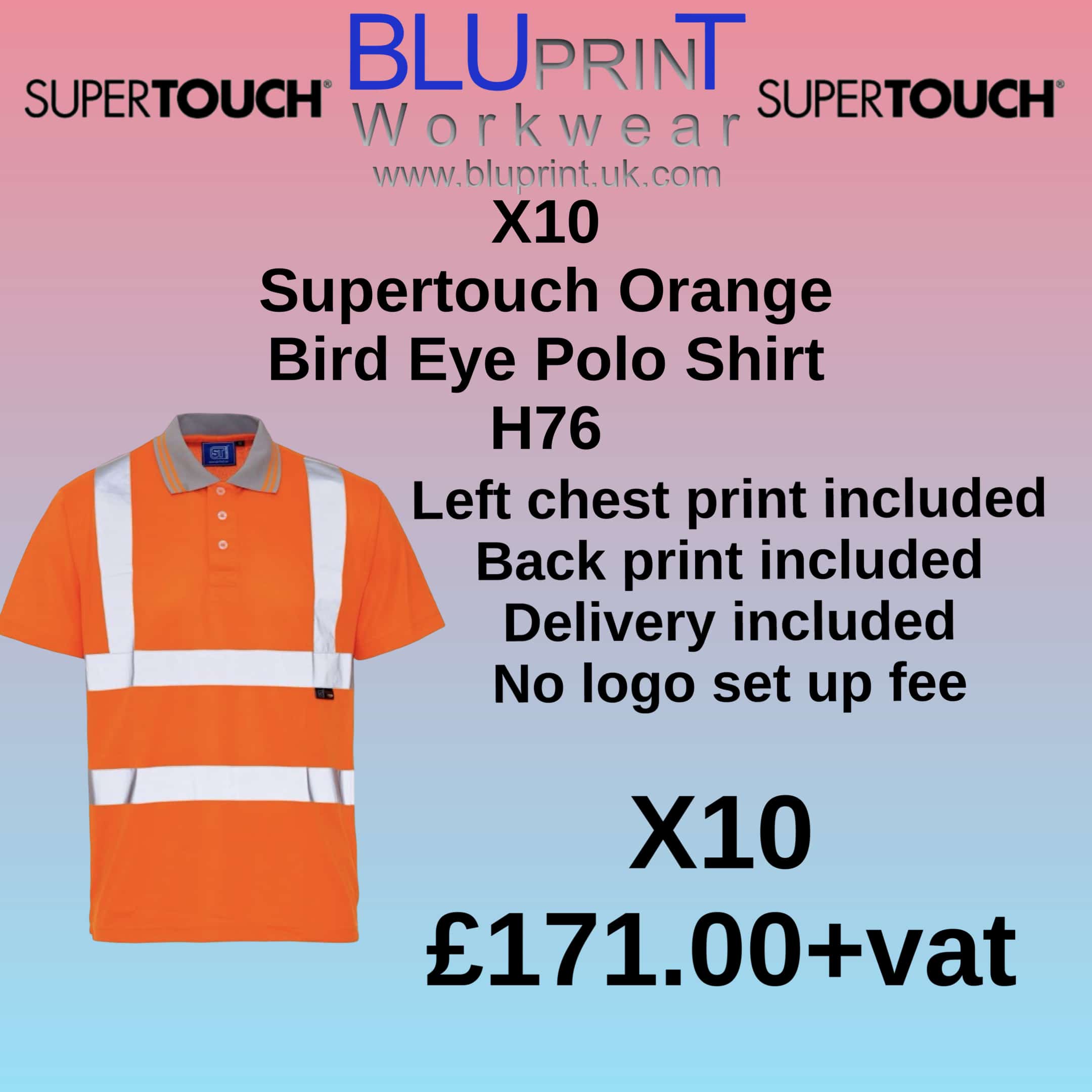 Bundle C1 X10 Supertouch Hi Vis Orange Bird Eye Polo Shirt H76 - BLUprinT